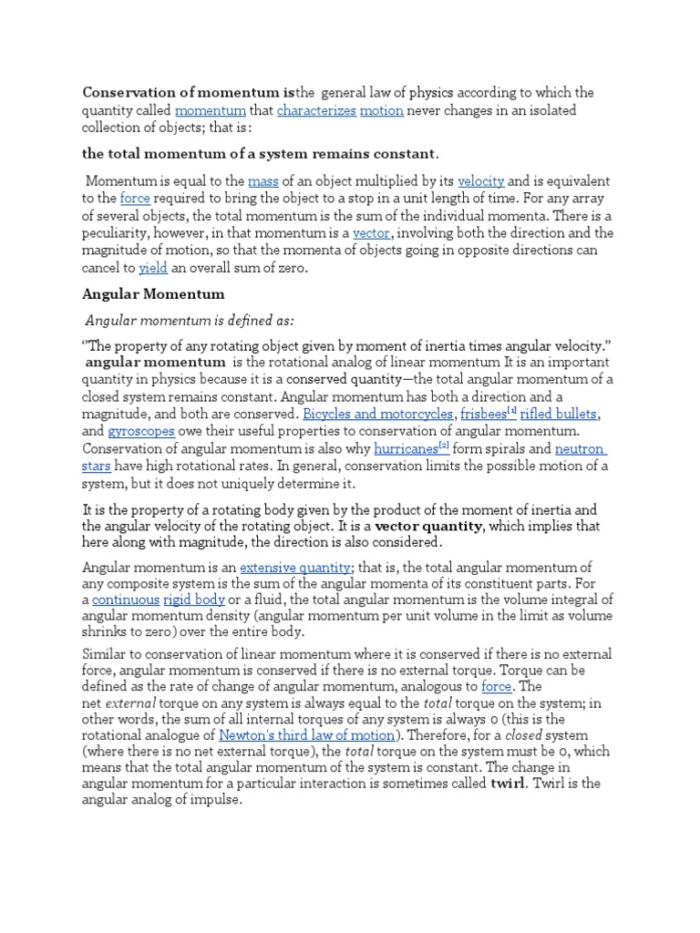 Momentum Characterizes Motion Conservation Of Momentum Isthe General