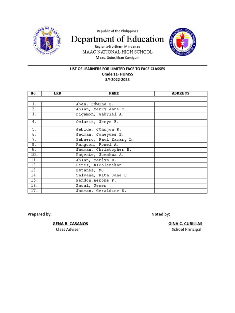 New Students Grade11 Humss | PDF