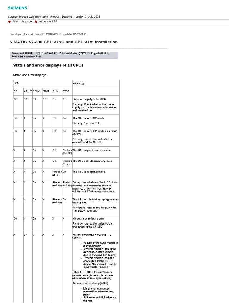 Status and Error Displays of All Cpus: Simatic S7-300 Cpu 31Xc and Cpu ...