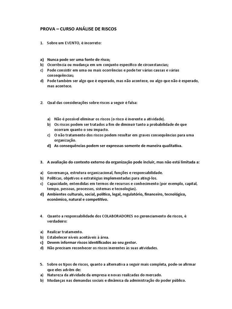 Prova - Análise de Riscos | PDF | Risco
