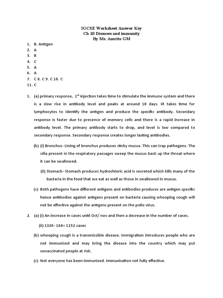 IGCSE Worksheet Answer Key CH 10 Diseases and Immunity by Ms. Amrita GM ...