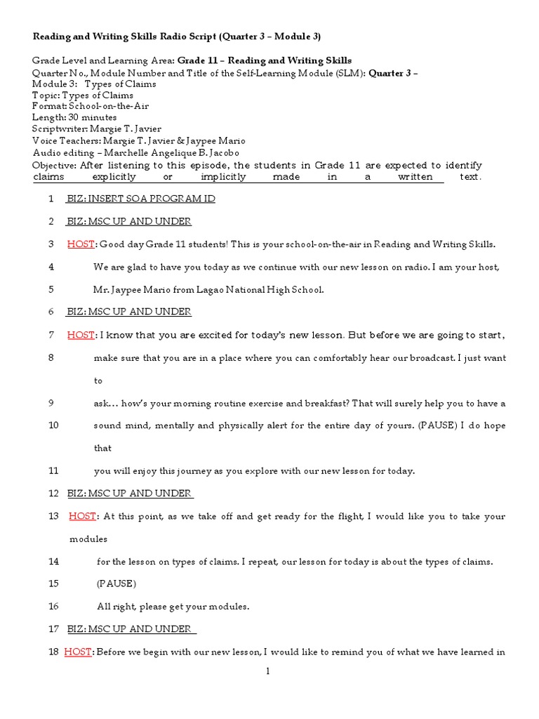 RBI Script For Reading and Writing (Q3 - Module 3) - Final | PDF ...