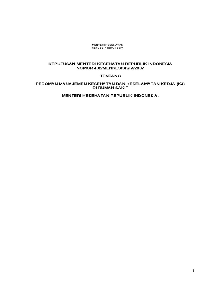 KMK No. 432 TTG Pedoman Manajemen Kesehatan Dan Keselamatan Kerja (K3) Di Rumah Sakit | PDF