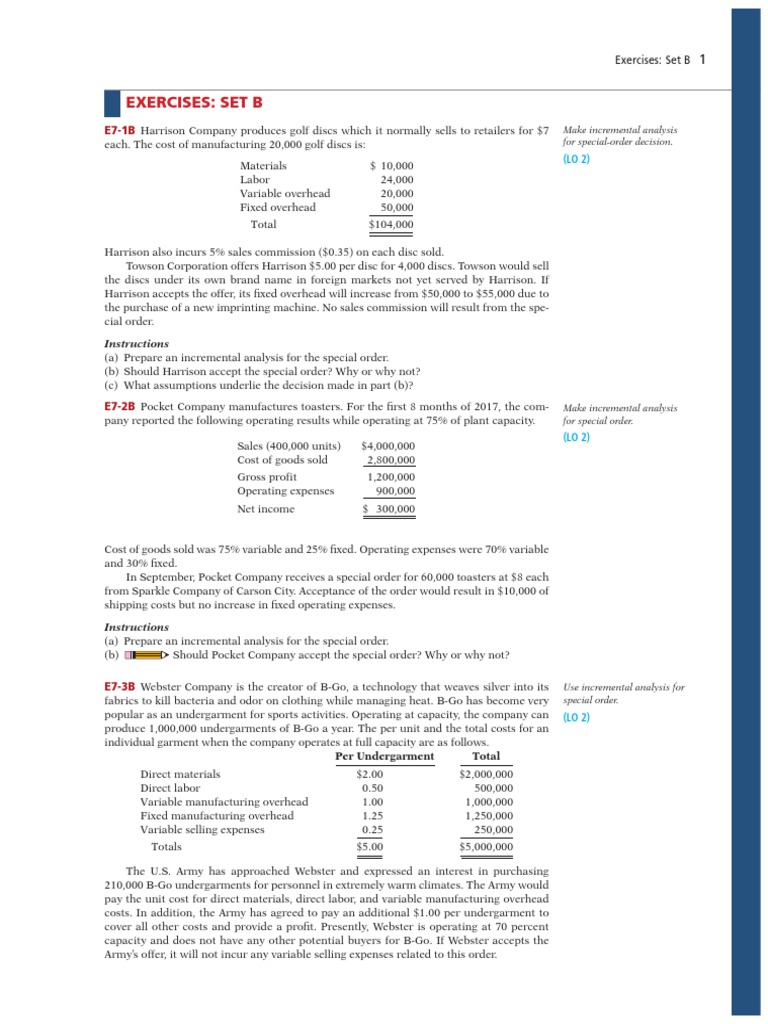 Incremental Analysis Exercises: Set B | PDF | Depreciation | Cost