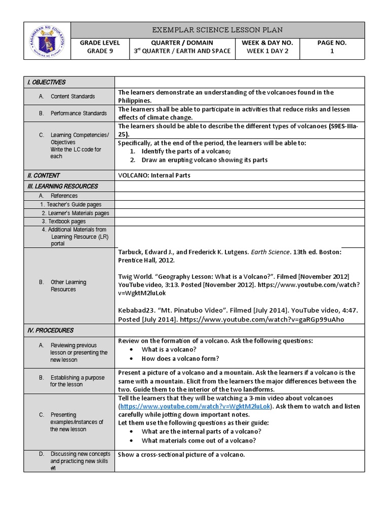 Exemplar Science Lesson Plan: Grade Level Quarter / Domain Week & Day No. Page No | PDF ...
