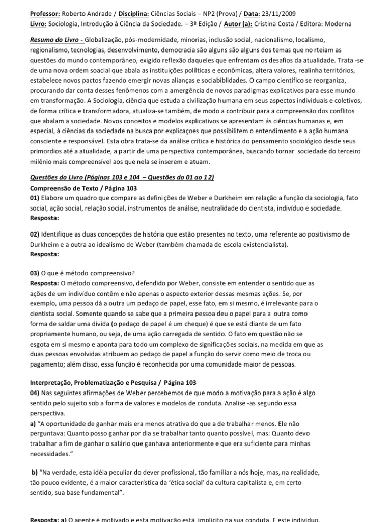 Resumo NP2 - Ciências Sociais | PDF | Max Weber | Émile Durkheim