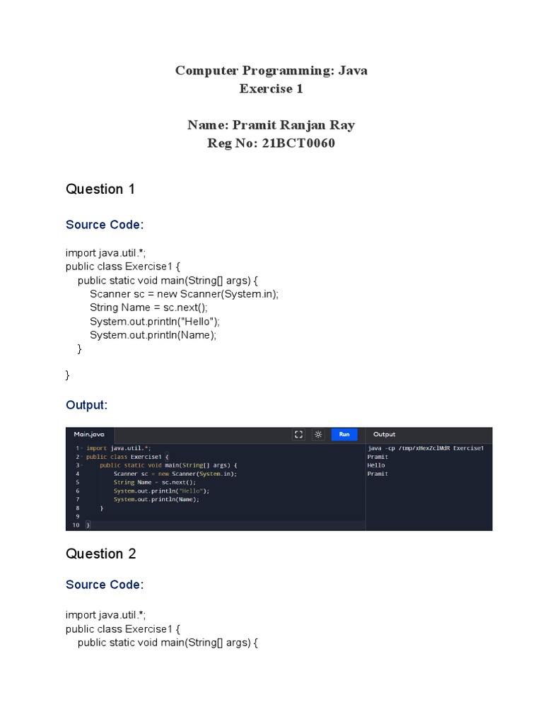 Computer Programming: Java Exercise 1 Name: Pramit Ranjan Ray Reg No: 21BCT0060 | PDF