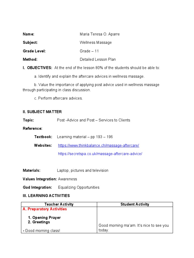 Beauty Care - Lesson Plan | PDF | Massage | Physical Therapy