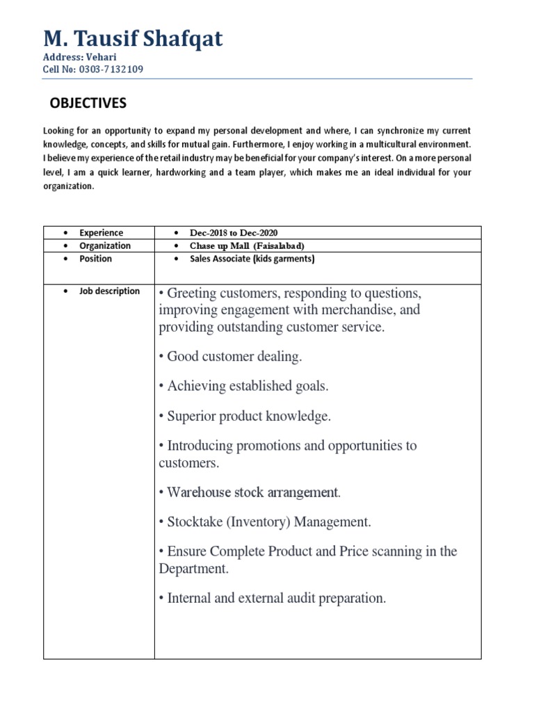 M. Tausif Shafqat: Objectives | PDF | Self-Improvement