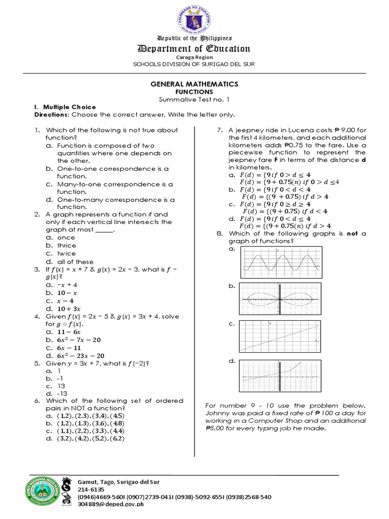 Q1-Summative 1-SUMMER CLASS | PDF | Function (Mathematics) | Mathematical Analysis