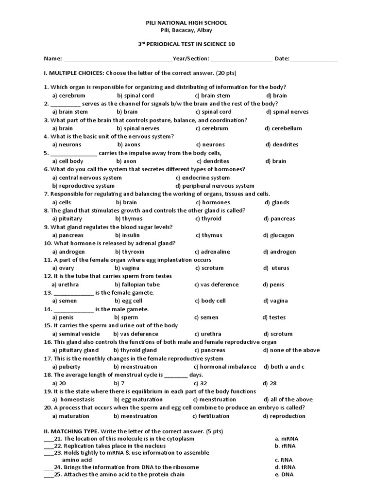 Pili National High School 3 Periodical Test in Science 10 | PDF | Human ...