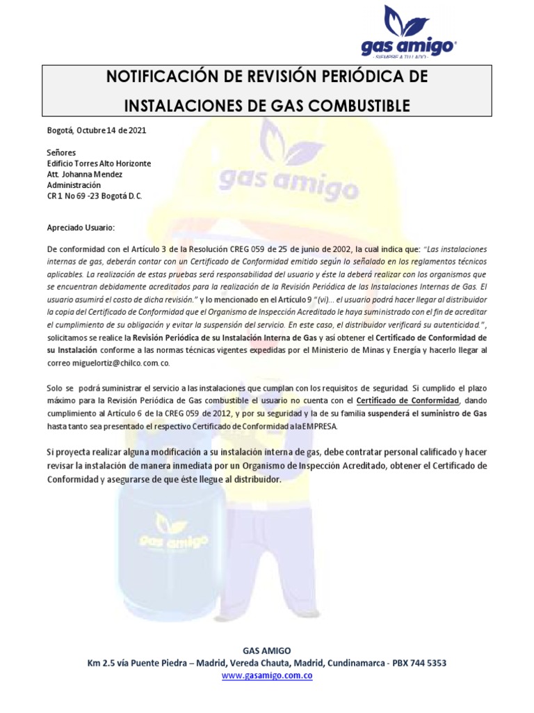 CARTA NOTIFICACIÓN REVISIÓN PERIODICA DE INSTALACIONES DE GLP | PDF