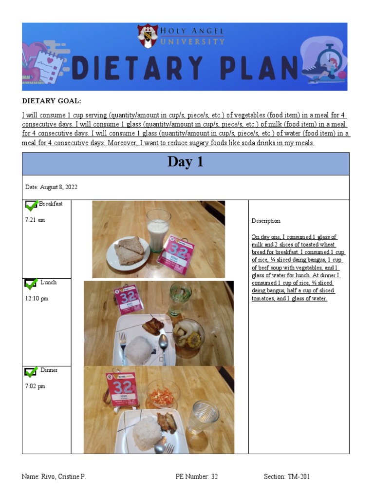 Dietary Goal:: Name: Rivo, Cristine P. PE Number: 32 Section: TM-201 | PDF | Meal | Lunch