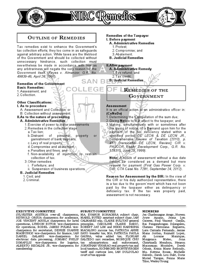 05 NIRC Remedies (Edited May 27) FINAL | PDF | Tax Lien | Taxes