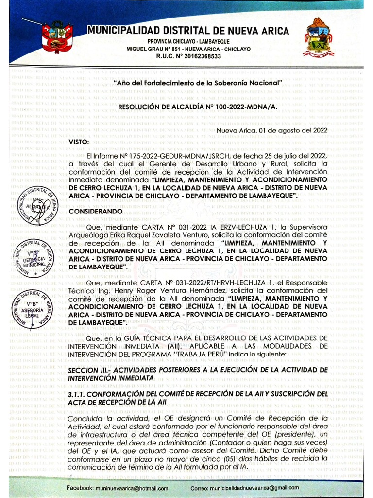Resolución N°100 - Comite de Recepcion | PDF
