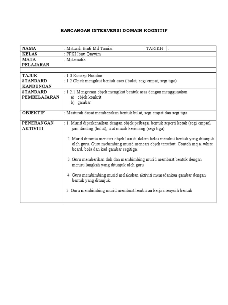 Rancangan Intervensi Domain Kognitif | PDF