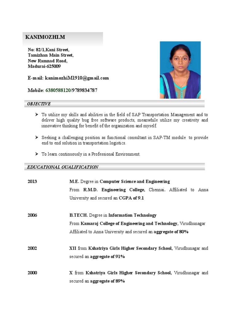 SAP TM Consultant Kanimozhi Resume | PDF | Enterprise Resource Planning | Consultant