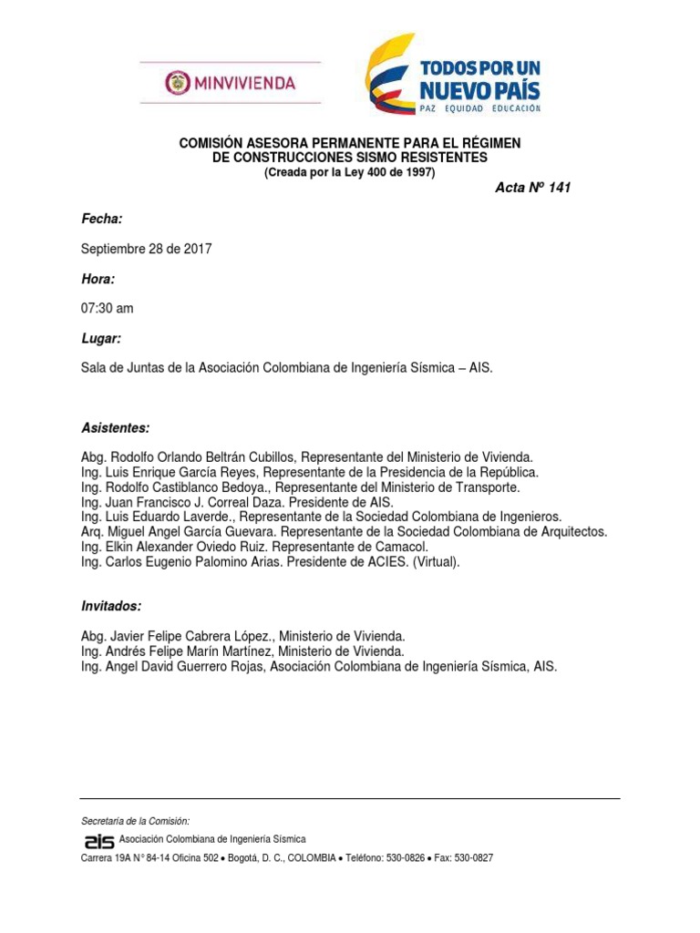 Acta 141 CAP 28 09 2017 DEFINITIVA FDO | PDF | Colombia | Hormigón