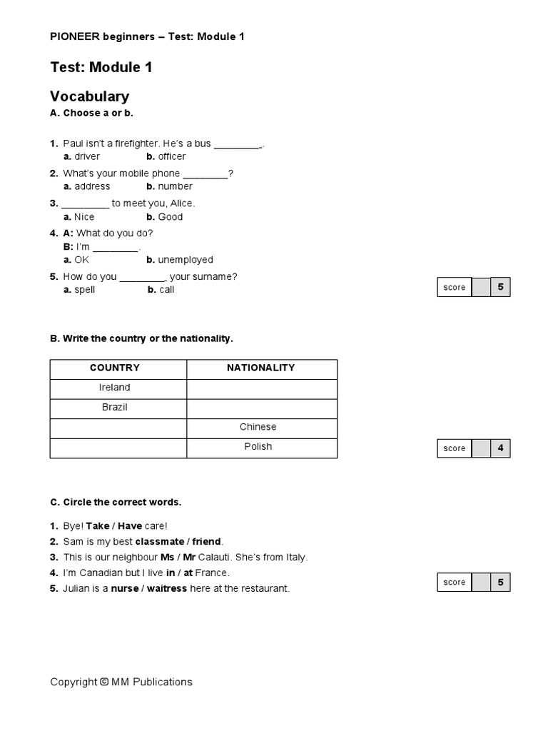 Pioneer_Beginners_Tests_Module_1 | PDF | Linguistics | Human Communication