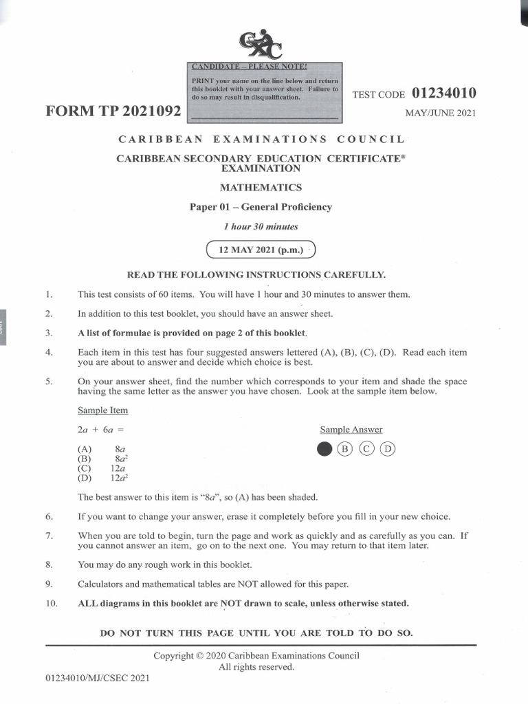 CSEC Maths P1 JULY 2021 | PDF