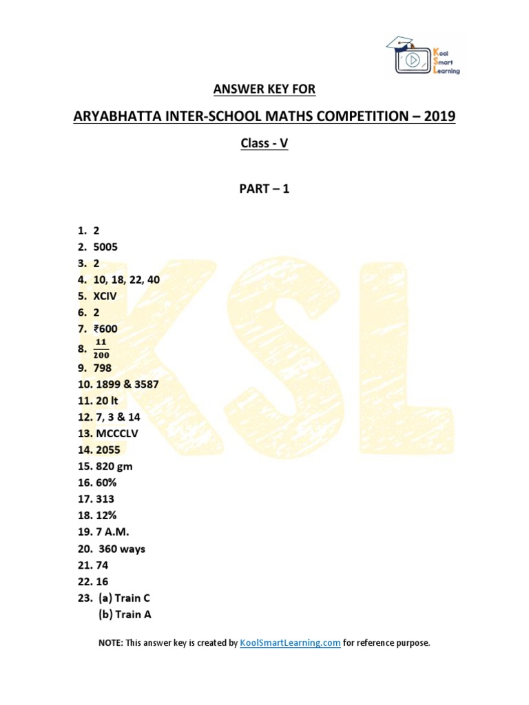 Aryabhatta Inter-School Maths Competition - 2019: Answer Key For | PDF