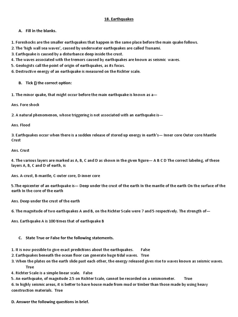 Class - 8 Earthquakes Question and Answer | PDF | Earthquakes | Tsunami
