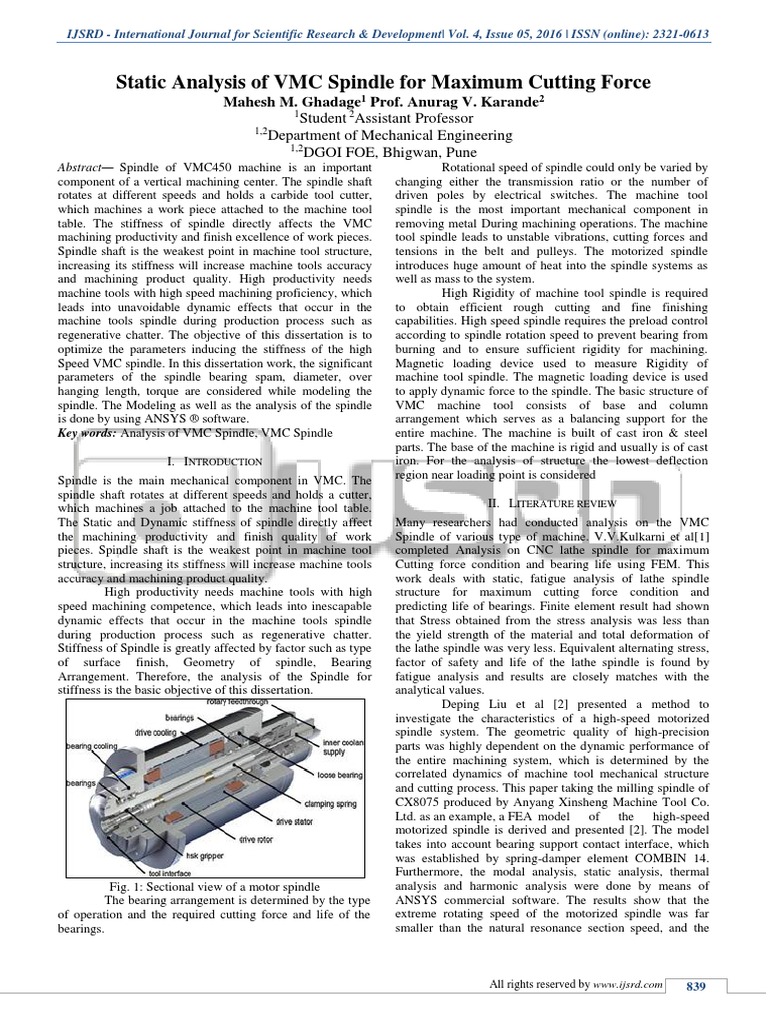 Static Analysis of VMC Spindle For Maximum Cutting Force: Mahesh M. Ghadage Prof. Anurag V ...