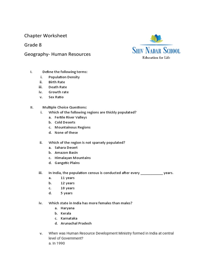Chapter Worksheet Grade 8 Geography-Human Resources | PDF | Population ...