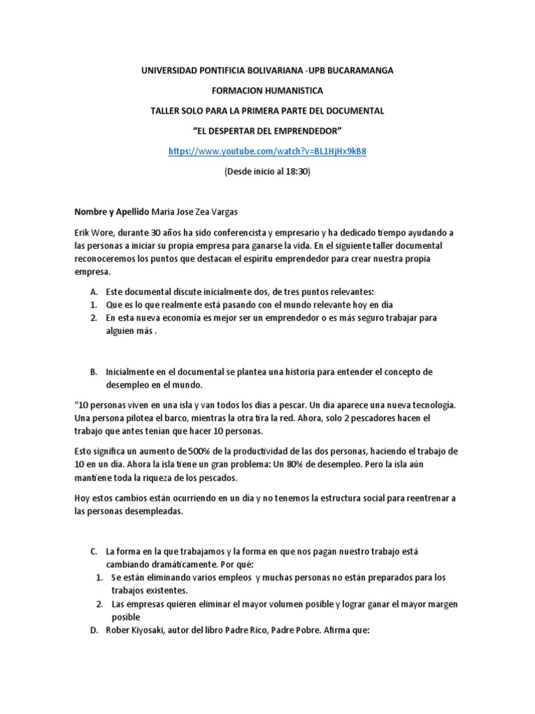 Taller Preguntas Documental 1a Parte | PDF | Desempleo | Iniciativa empresarial