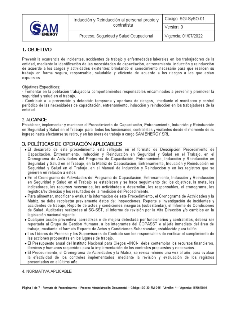 PROCEDIMIENTO DE CAPACITACIÓN ENTRENAMIENTO INDUCCIÓN Y REINDUCCIÓN ...