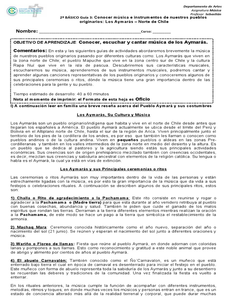 Guía 3 2° Básico Música Zona Norte Los Aymaras | PDF | Instrumentos ...