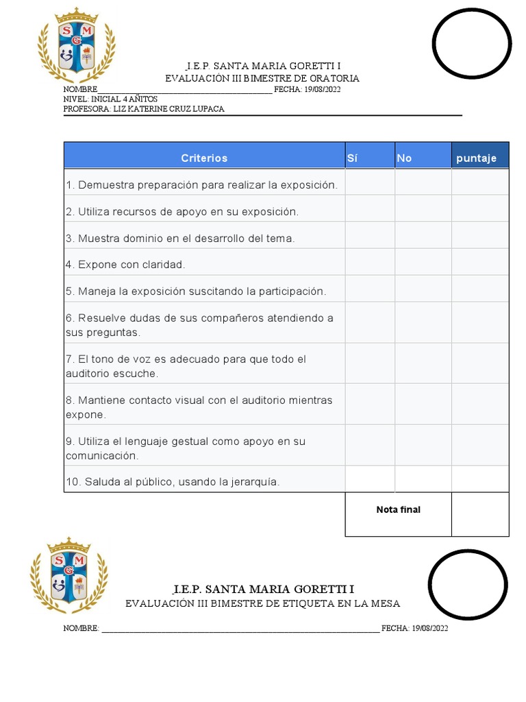 Lista de Cotejo Oratoria y Etiqueta | PDF