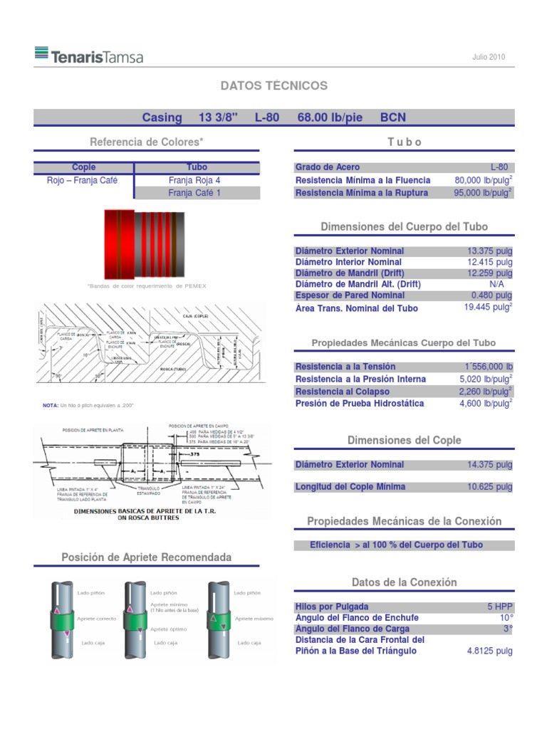 Casing 13 3/8" L-80 68.00 Lb/pie BCN: Datos Técnicos | PDF