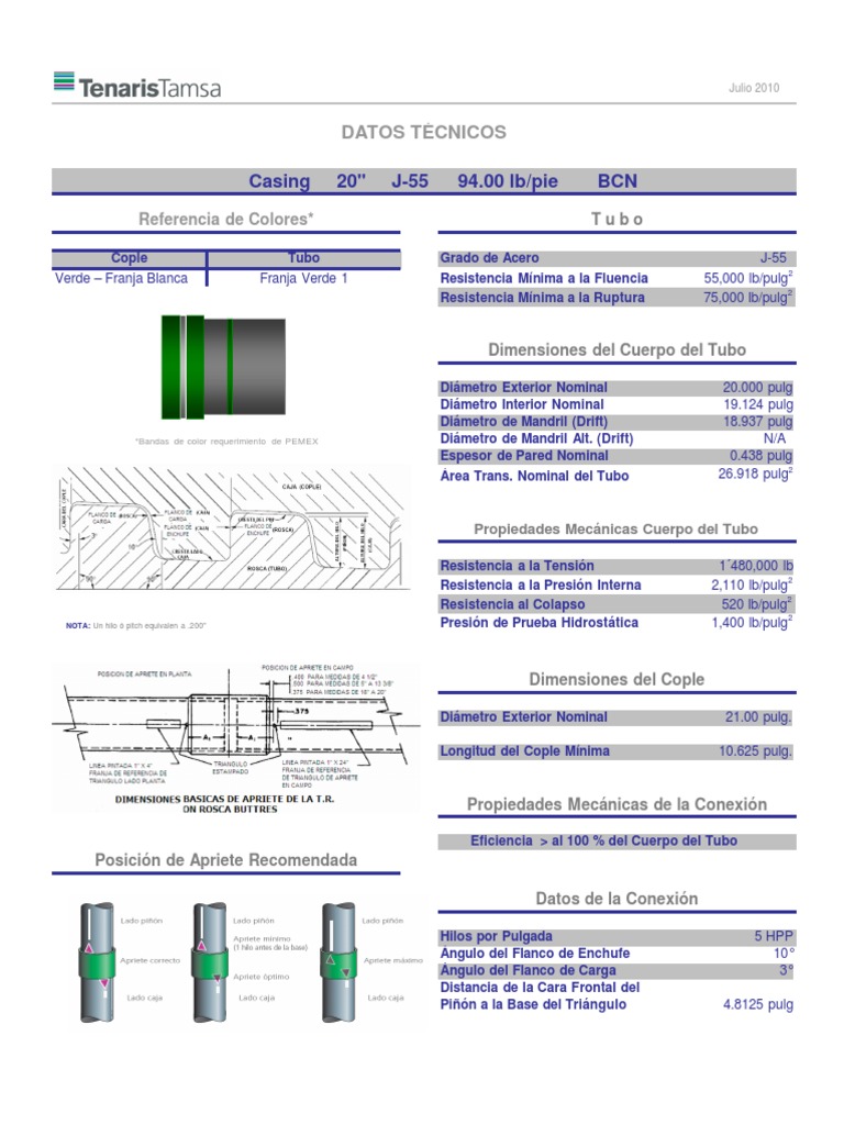 Casing 20" J-55 94.00 Lb/pie BCN: Datos Técnicos | PDF