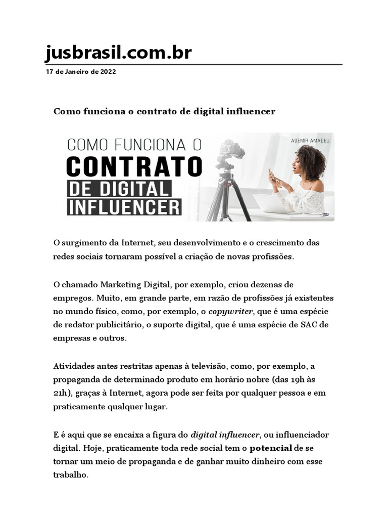 Como Funciona o Contrato de Digital Influencer | PDF | Rede social ...