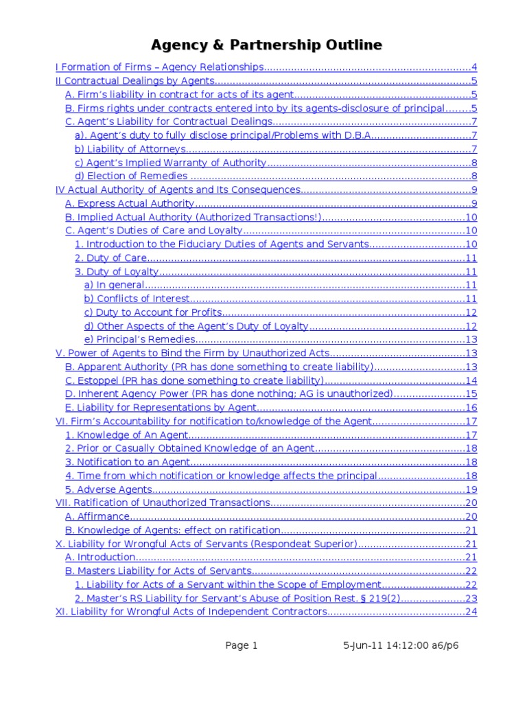 Agency Partnership Outline 2d Shorter | PDF | Law Of Agency | Partnership