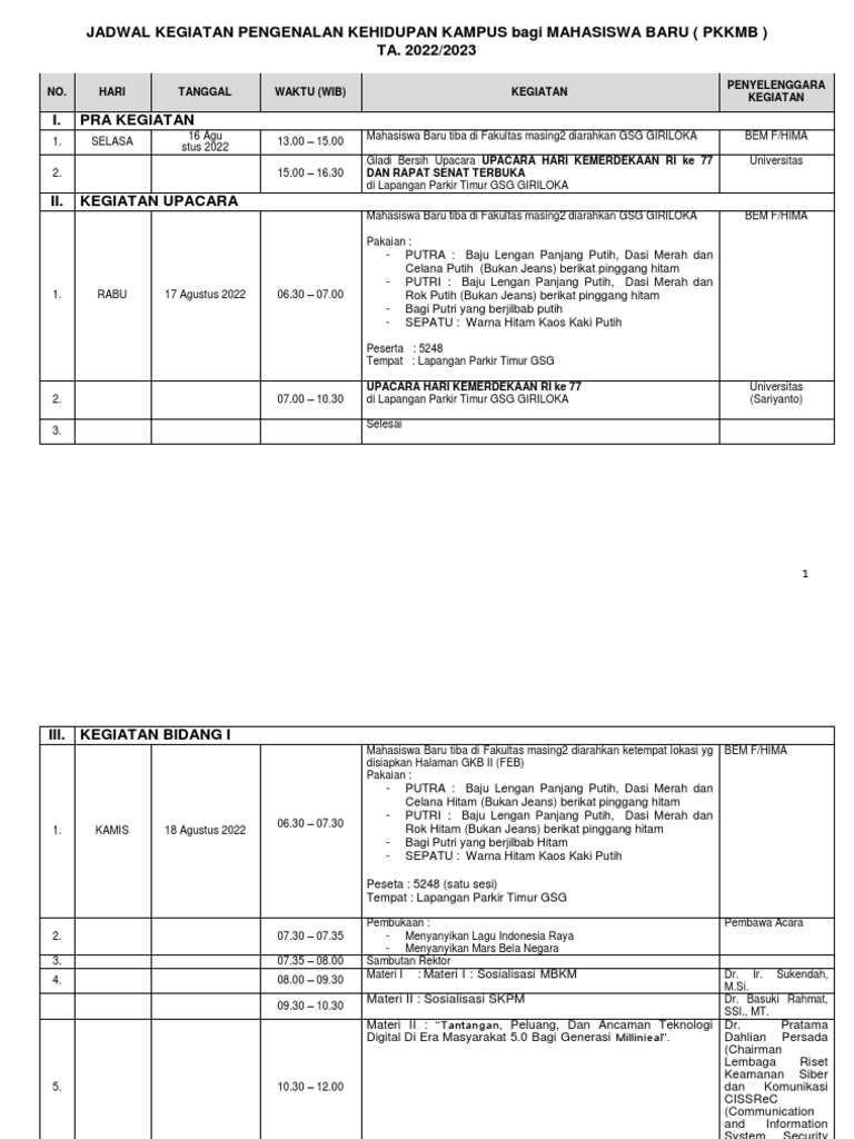 RENCANA JADWAL KEGIATAN PENGENALAN KEHIDUPAN KAMPUS Bagi MAHASISWA | PDF RENCANA JADWAL KEGIATAN PENGENALAN KEHIDUPAN KAMPUS Bagi MAHASISWA | PDF