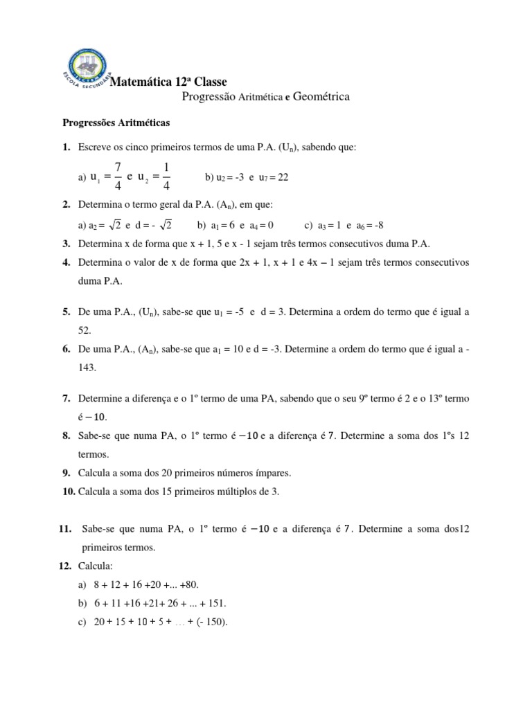 Ficha PA e PG | PDF | Sequência | Aritmética