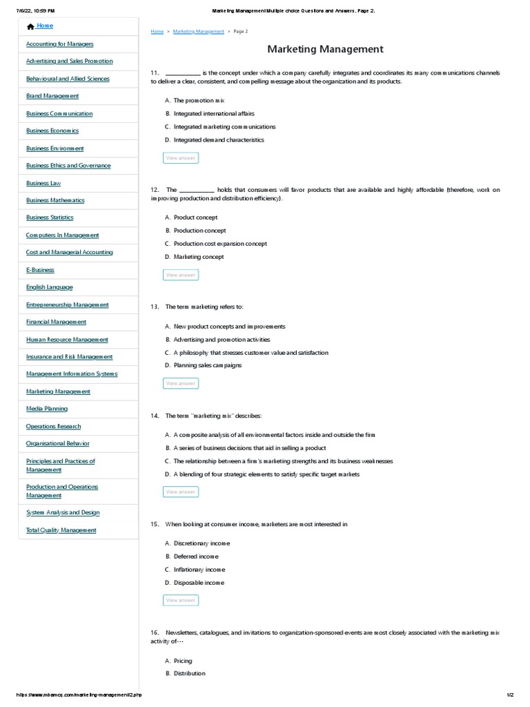 Marketing Management Multiple Choice Questions and Answers. Page 2 ...