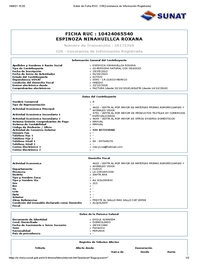 Ficha Ruc Roxana Espinoza Ninahuillca | PDF