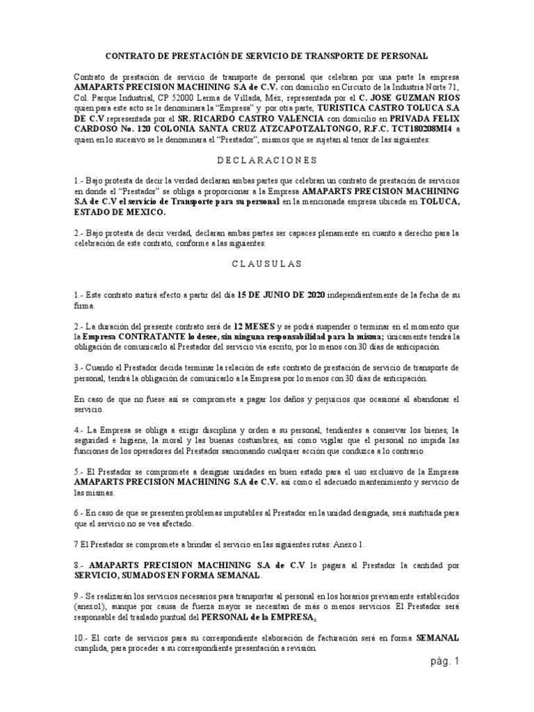 Contrato de transporte de personal establece los términos y condiciones del servicio entre una ...