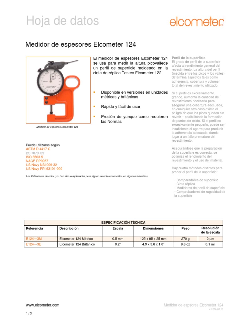 Hoja de Datos: Medidor de Espesores Elcometer 124 | PDF | Metrología