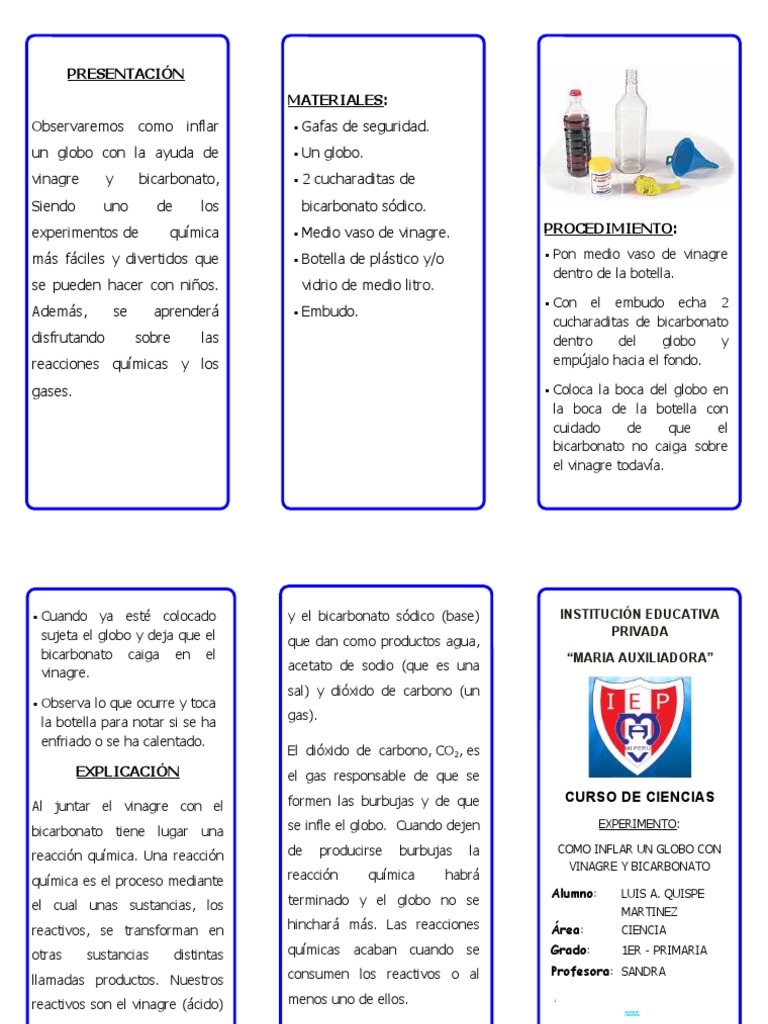 Triptico Experimento Inflar Un Globo Con Vinagre y Bicarbonato | PDF | Dióxido de carbono | Química