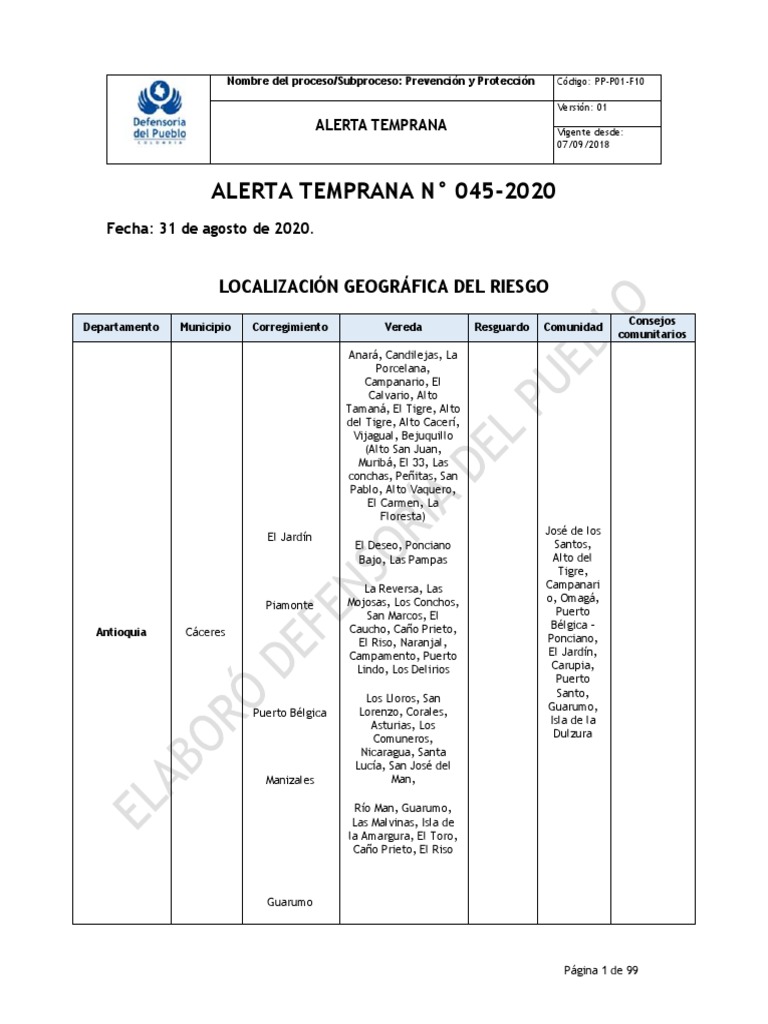 Alerta Temprana #045-2020 | PDF | Colombia