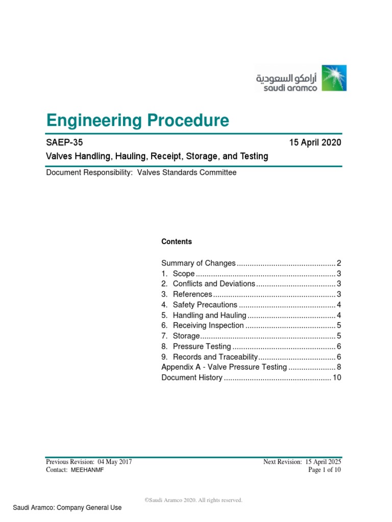 SAEP-35 Valves Handling, Hauling, Receipt, Storage, and Testing-15 ...