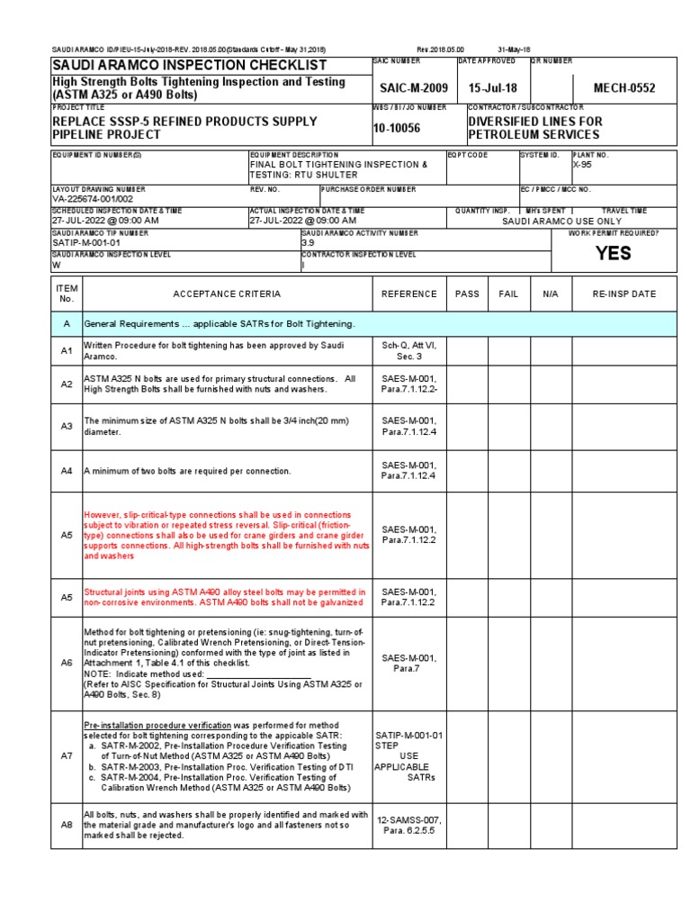 Saudi Aramco Inspection Checklist | PDF | Screw | Mechanical Engineering