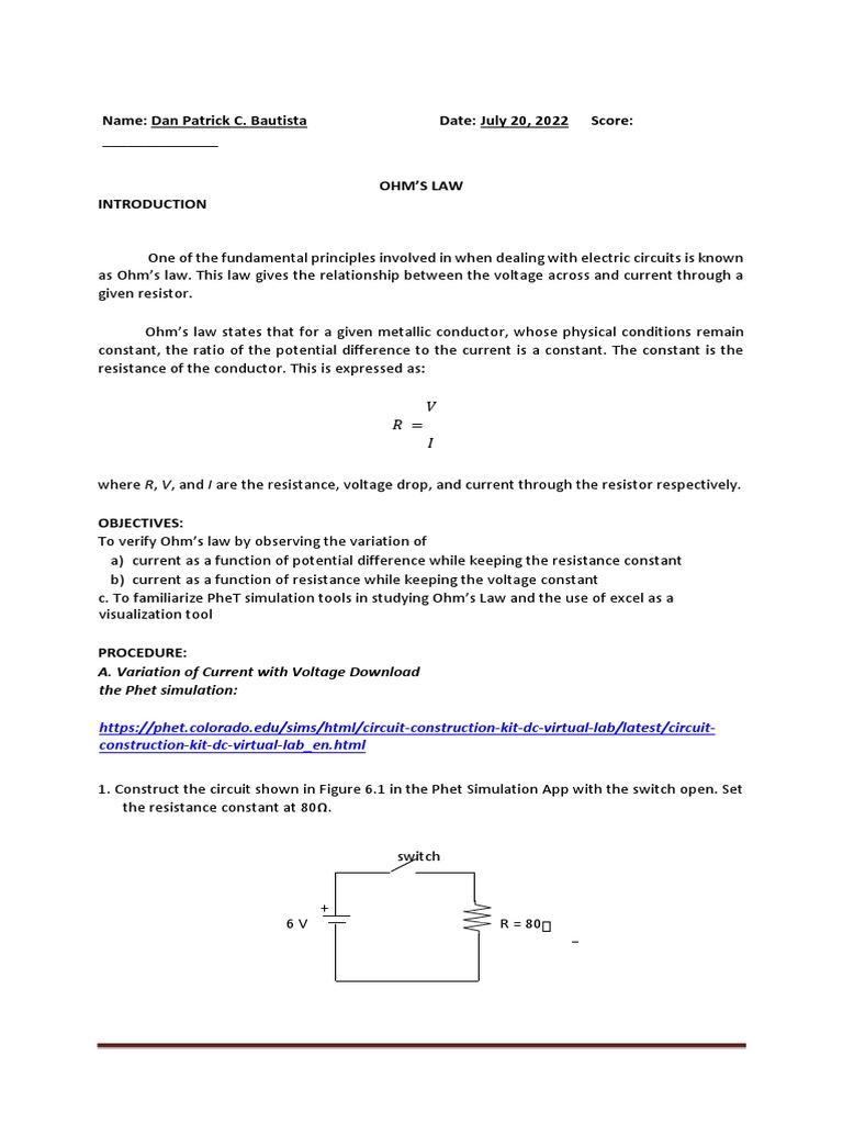 Activity On Ohms Law For Laboratory (Bautista) | PDF | Electrical ...