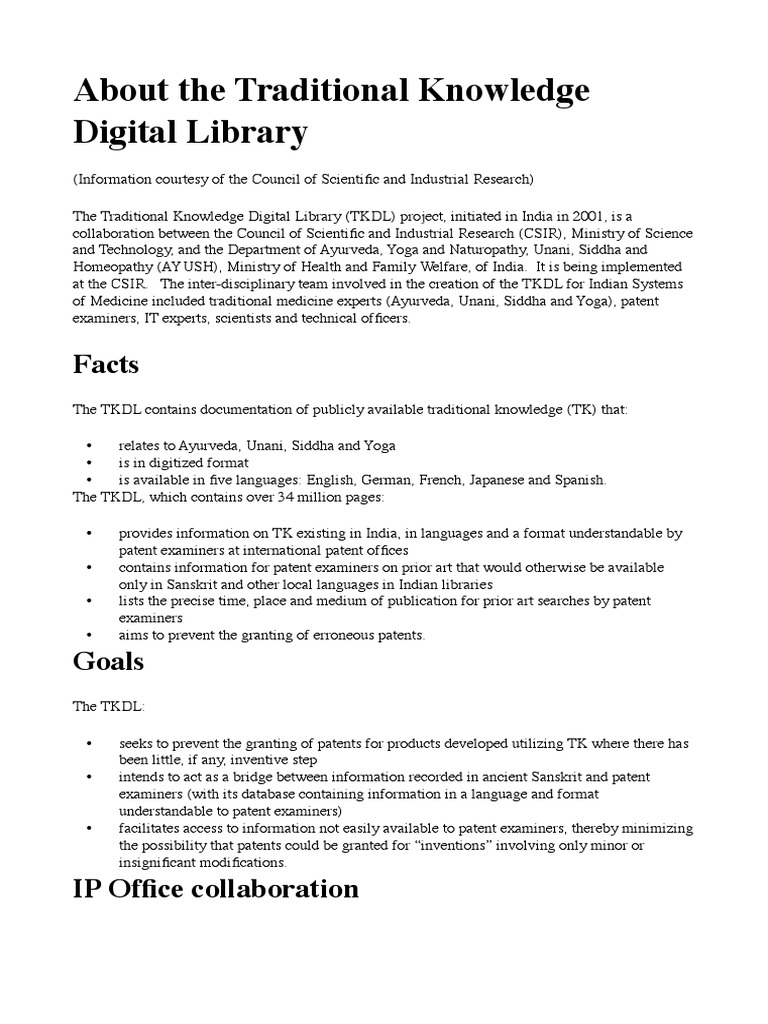 About The Traditional Knowledge Digital Library: Facts | PDF ...