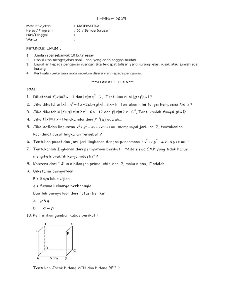 Soal Matematika Kelas XI SMK AMSIR 1 Semester Genap | PDF