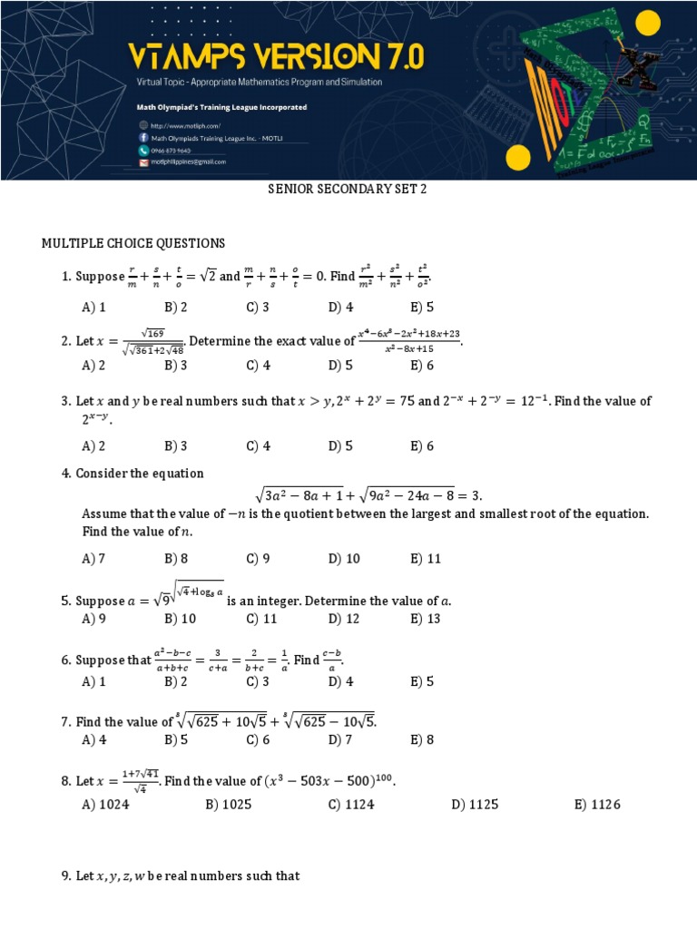VTAMPS 7.0 Senior Secondary Set 2 | PDF | Square Root | Equations
